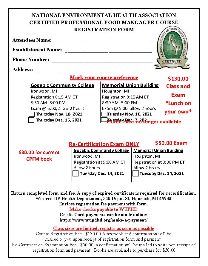 Upcoming Certified Professional Food Manager Courses – Western UP ...