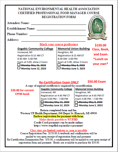 Certified Professional Food Manager Course – Western UP Health Department
